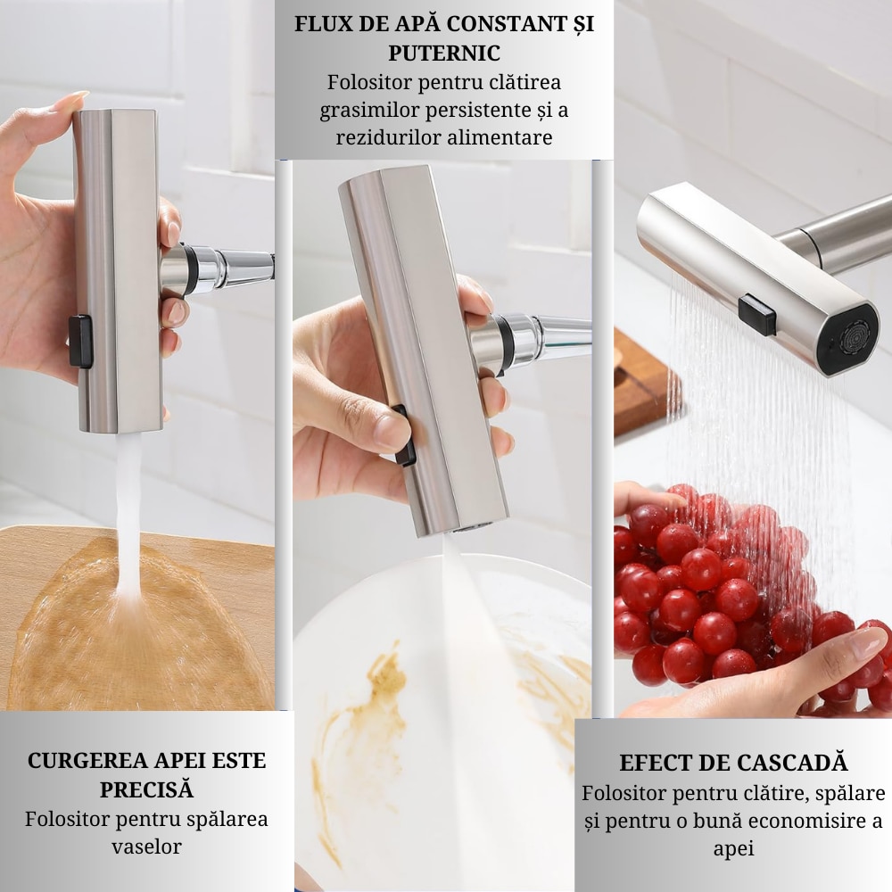 Baterie chiuveta bucatarie profesionala, din Inox, 3 functii mod ...