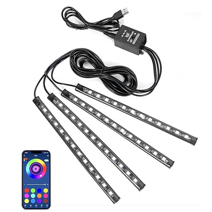Lumini ambientale auto, Control APP, 4 benzi, 48 leduri, senzor muzica ...