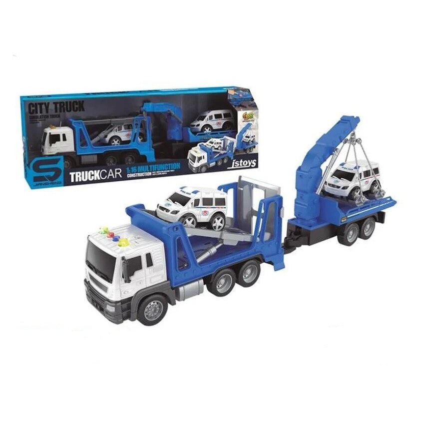 Jucarie camion de tractare cu platforma, sunete, lumini si 2 masinute ...