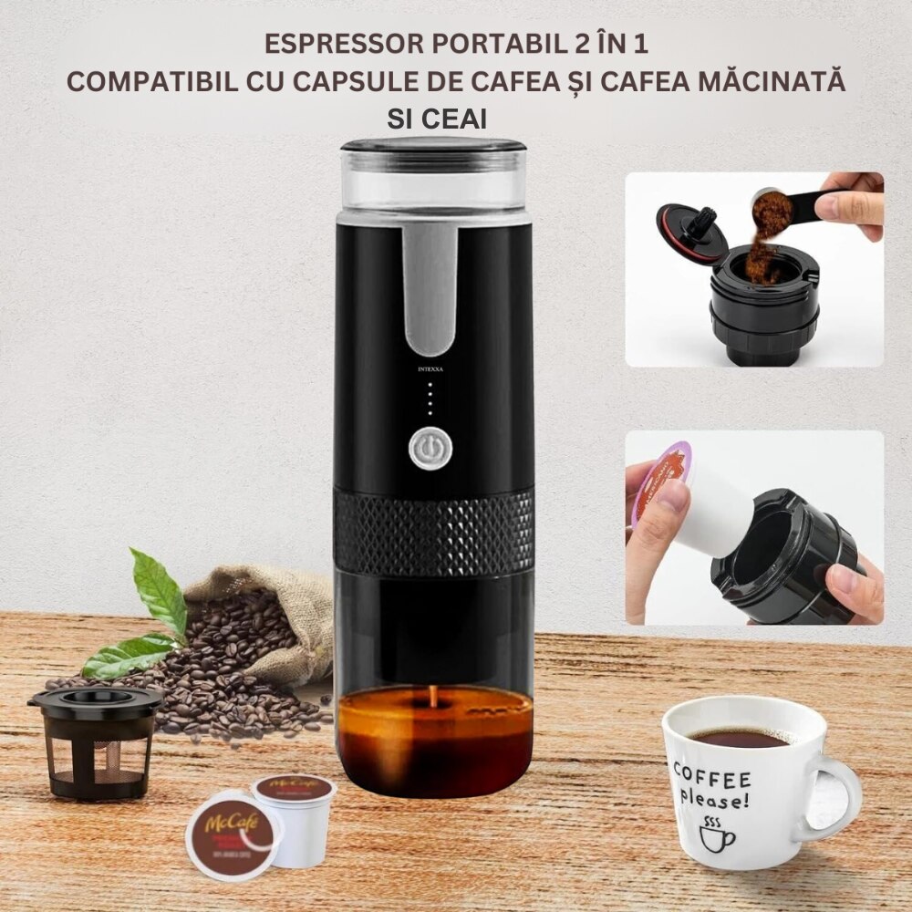 Espressor Portabil INTEXXA®, cu Acumulator, Automat, pentru Cafea Ceai ...