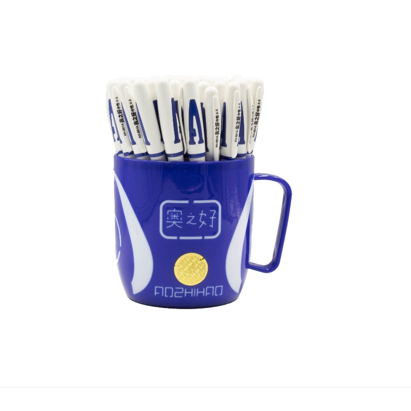 Set 48 de pixuri cu gel in cana, varf fin 0.5 mm, pasta albastra ...