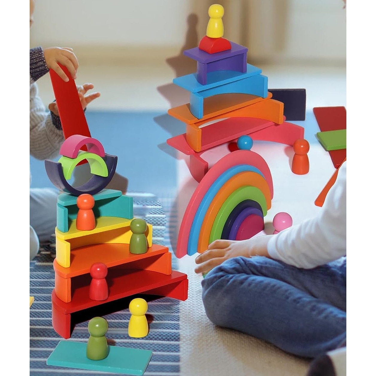 Set de 45 de blocuri de constructie din lemn, 4 in 1, Prescolari ...