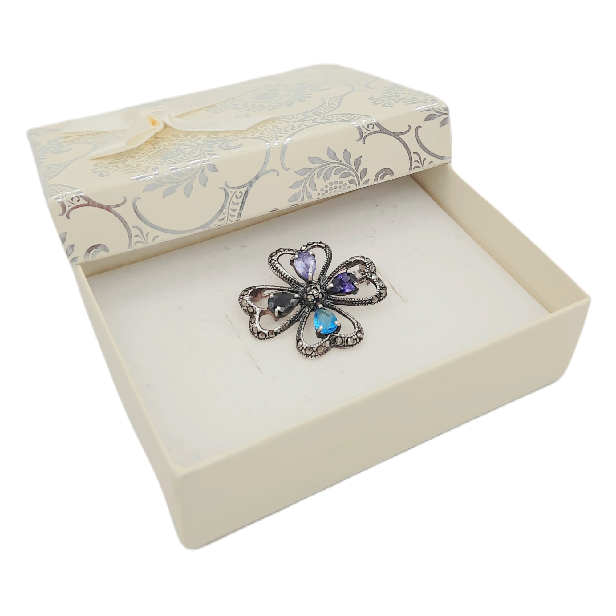 Brosa Argint 925 tip trifoi cu patru foi Marta 3 cm cu pietre colorate ...