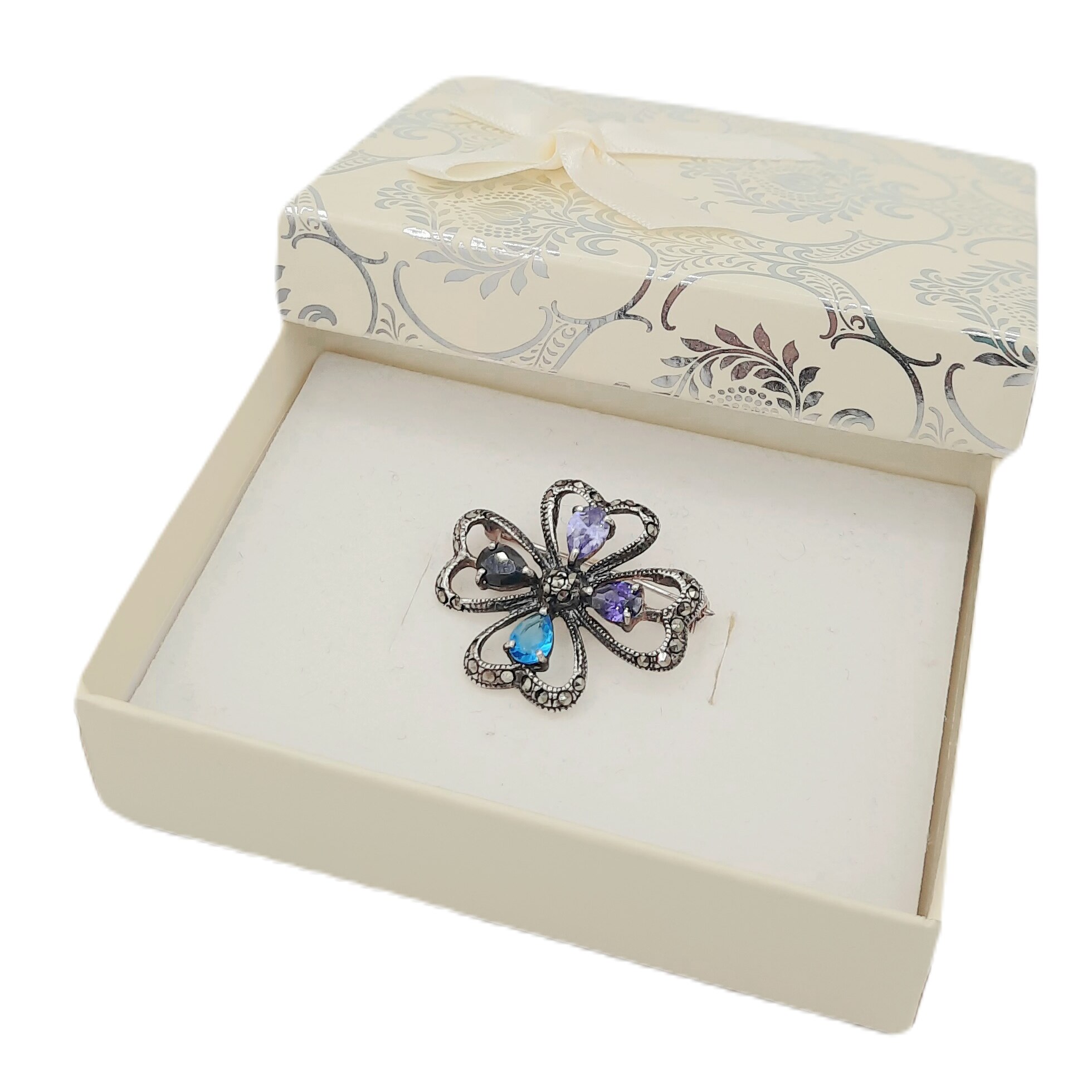 Brosa Argint 925 tip trifoi cu patru foi Marta 3 cm cu pietre colorate ...