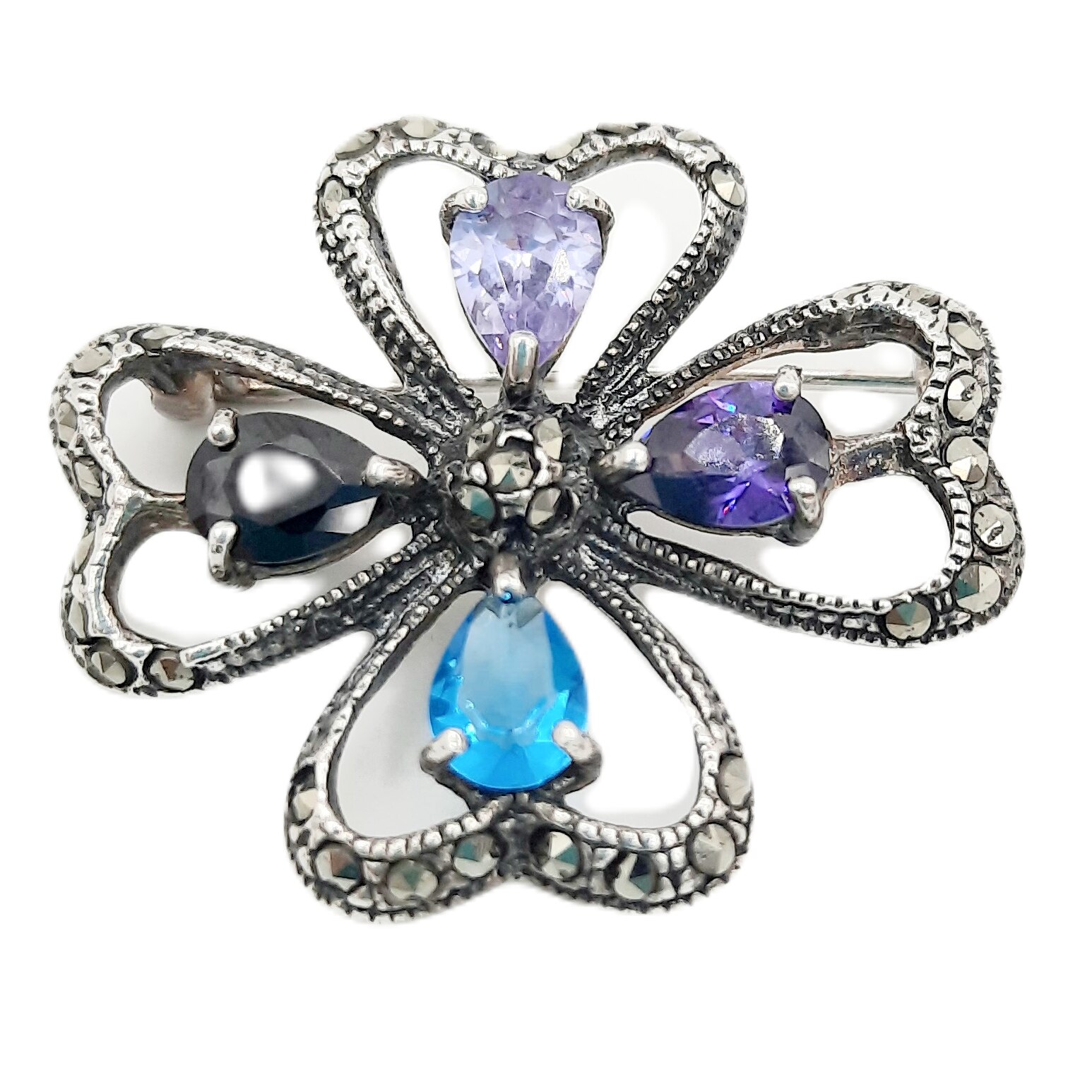 Brosa Argint 925 tip trifoi cu patru foi Marta 3 cm cu pietre colorate ...