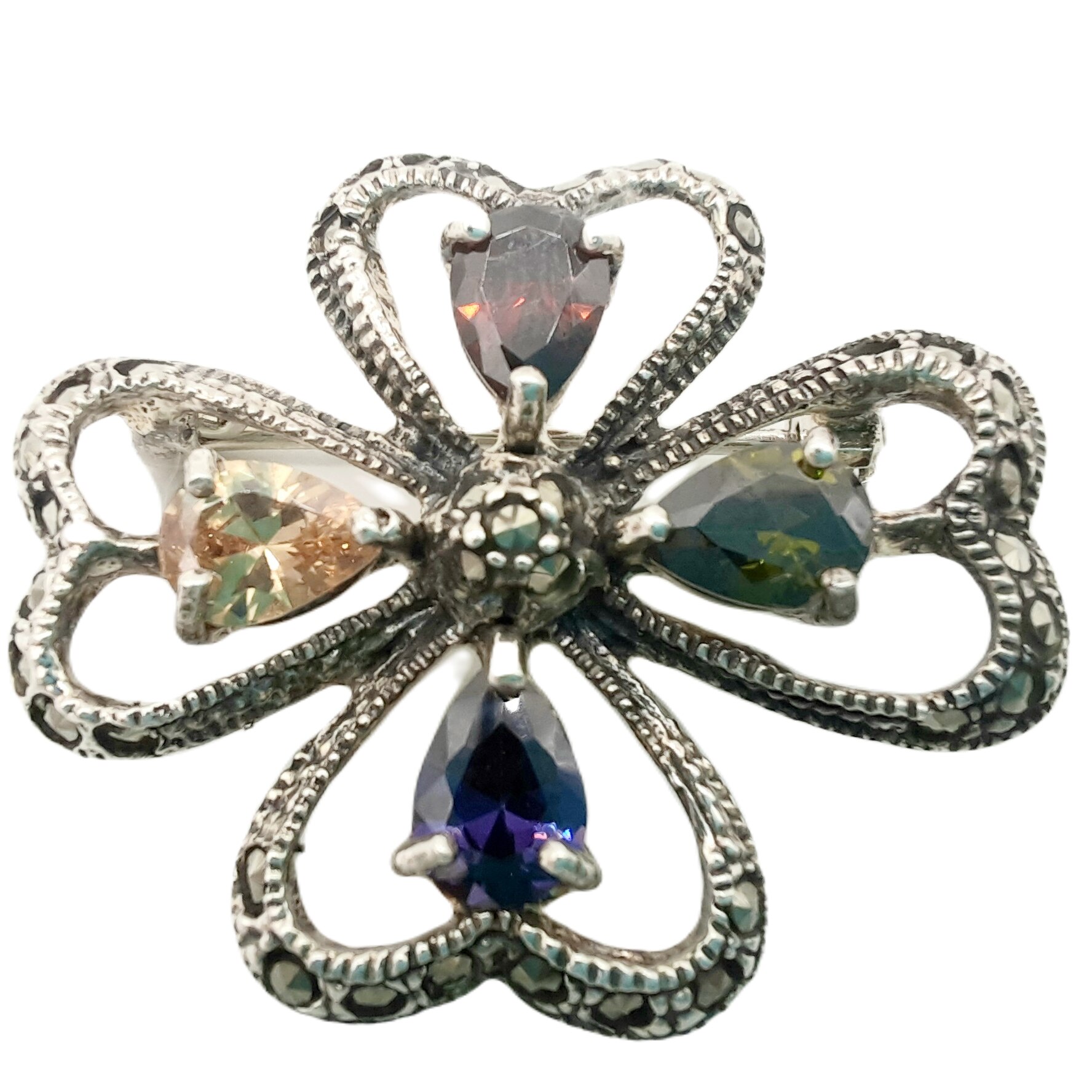 Brosa Argint 925 tip trifoi cu patru foi Medea 3 cm cu pietre colorate de zirconiu si Markasite ...