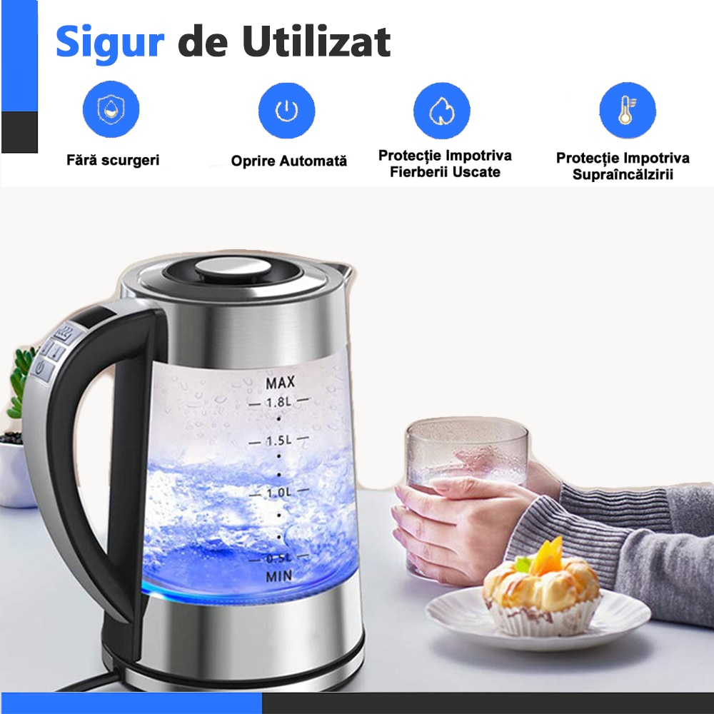 Fierbator Electric, BYONDSELF®, 1.8L, 1800W, Iluminare Led, Temperatura ...