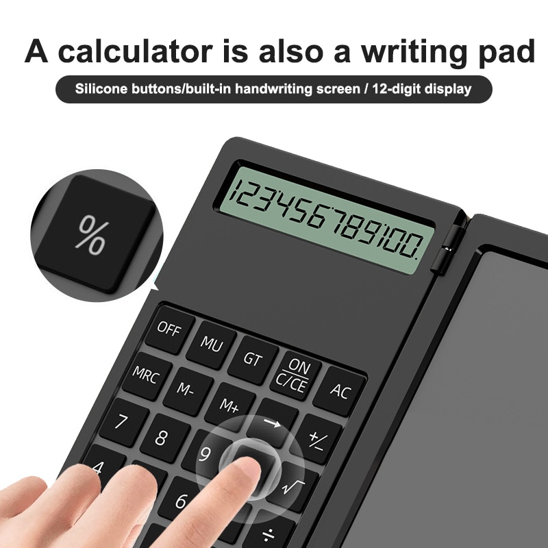 Mini Calculator de mana cu tabla de scris sters, JESWO, 12 cifre, LCD, 5 inchi, Negru - eMAG.ro