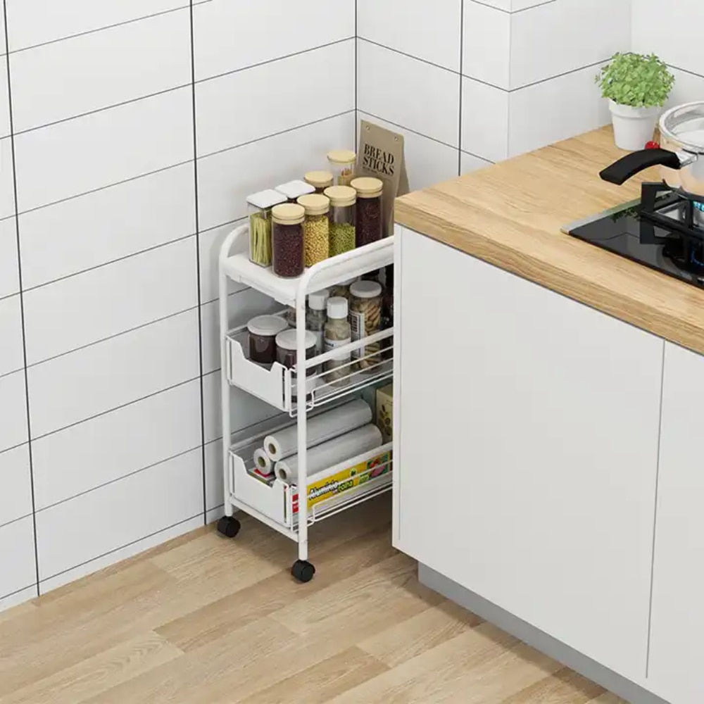 Etajera cu 3 polite, Quasar & Co.®, dreptunghiulara, cu roti, metal, 24 ...