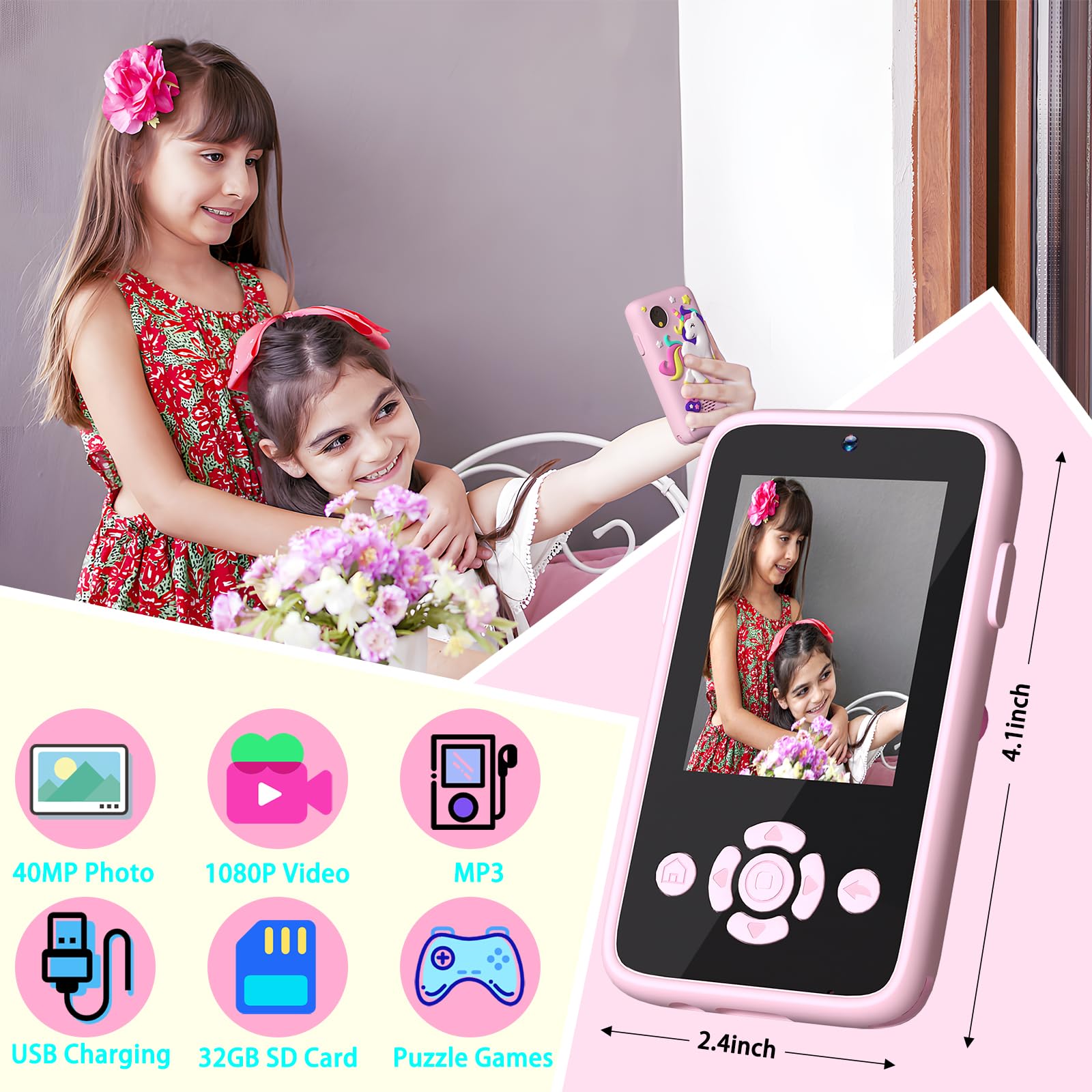 Telefon cu camera pentru copii, Walalla, 3-8 ani, Card SD 32G, Roz ...