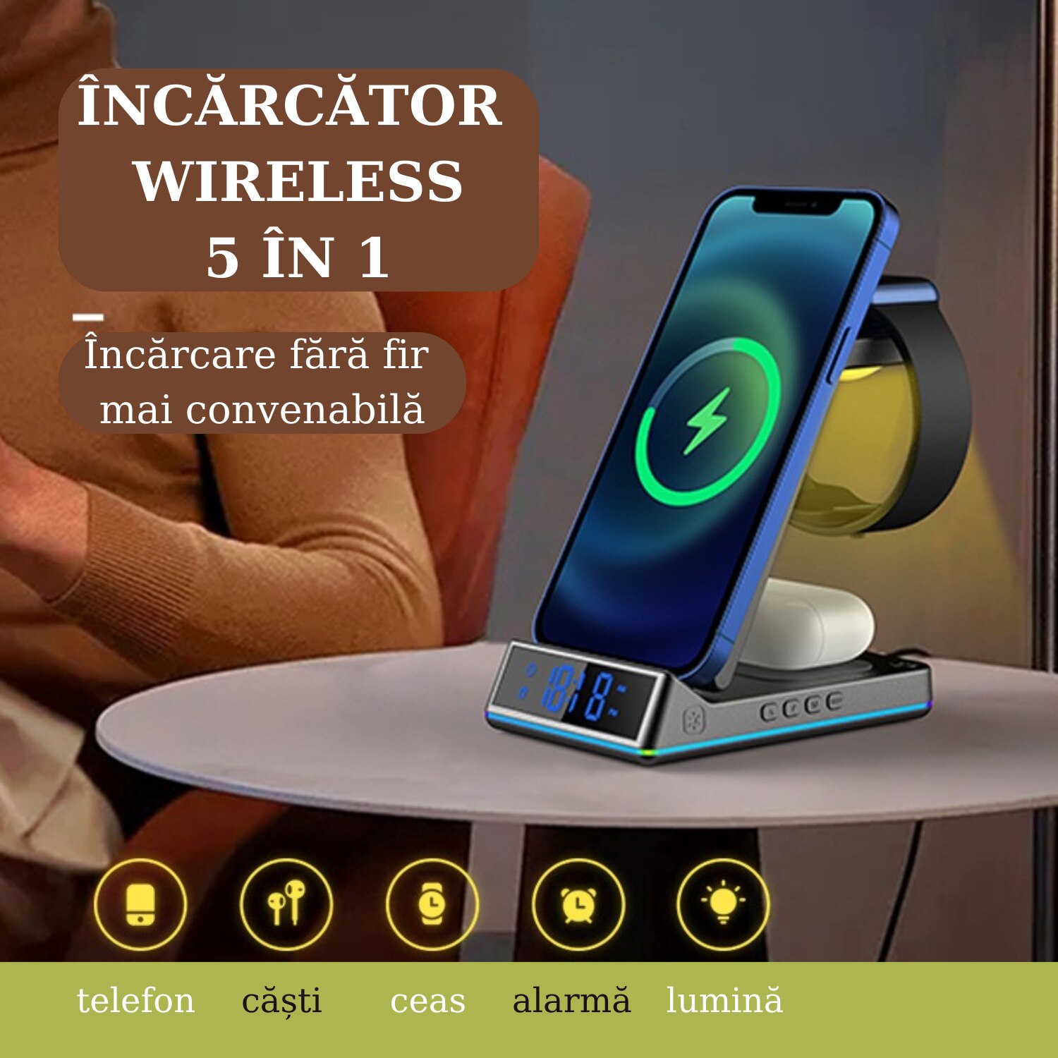 Incarcator Wireless 5 In 1, Adsinio, Fast Charger, Alarma, Lampa, Negru ...