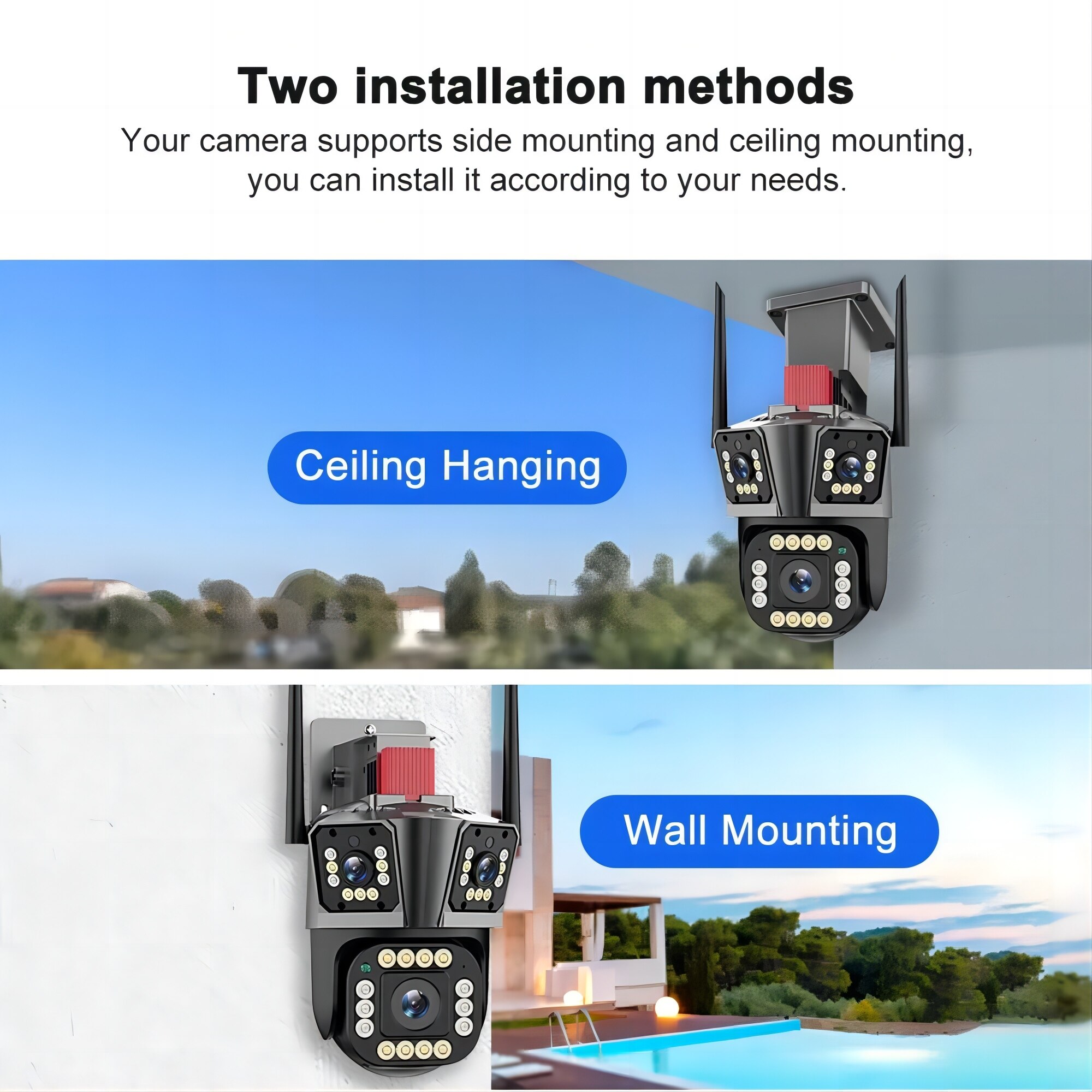 Camera de Supraveghere Tripla WIFI MOSMAOO®, 12MP, Exterior/Interior ...