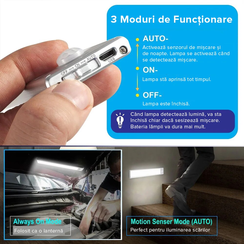 Set 4 Lampi LED inteligenta cu senzor QuTek®, portabila, senzor miscare ...