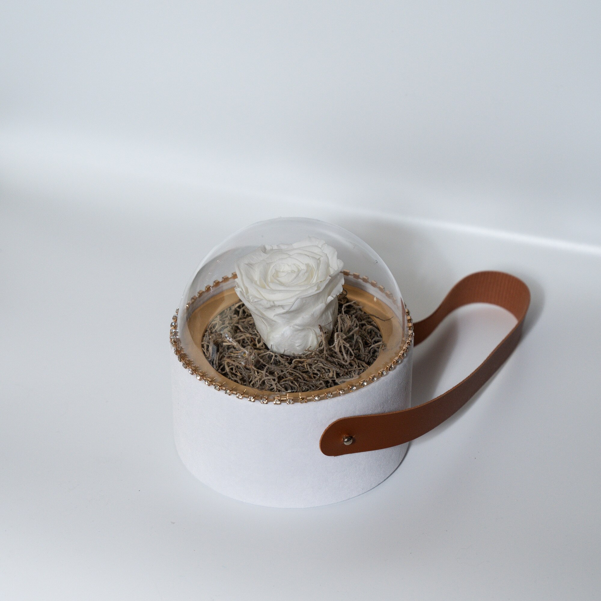 Trandafir criogenat pe pat de Tillandsia in cutie de catifea alba, Alb ...