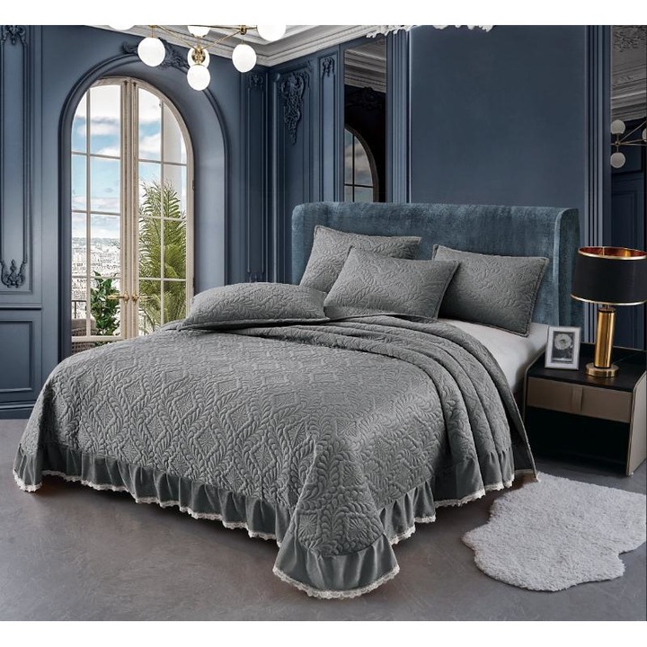 Cuvertura pentru pat de 2 persoane, 3 piese, Catifea cu volanase, 230x250, Gri Inchis - eMAG.ro