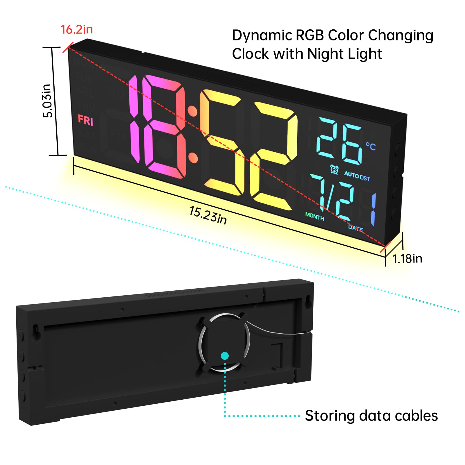 Ceas de perete digital, iluminat LED, Ecran mare de 16.2 inchi cu ...