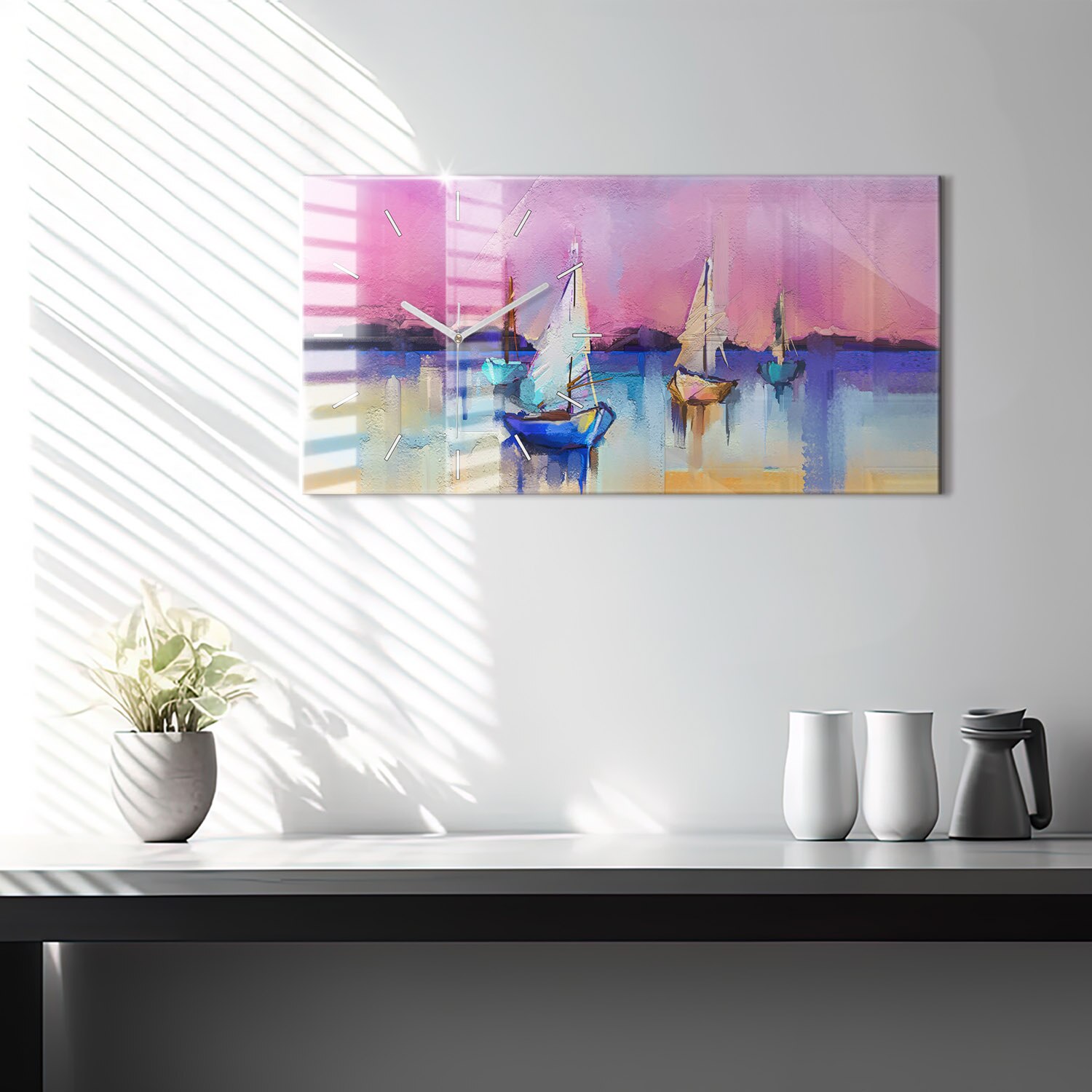 Ceas de perete, Wallfluent, de sticla, Mainile albe, Fara cifre, Peisaj ...