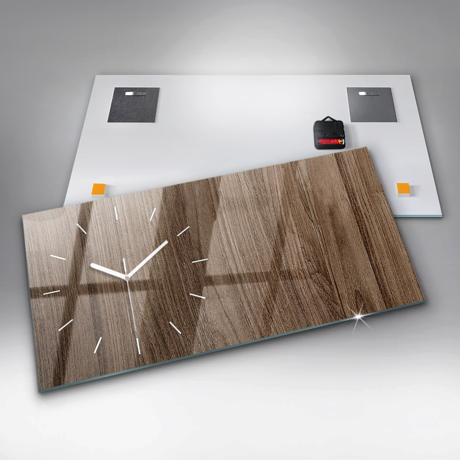 Ceas de perete, Wallfluent, de sticla, Mainile albe, Fara cifre, Lemn ...