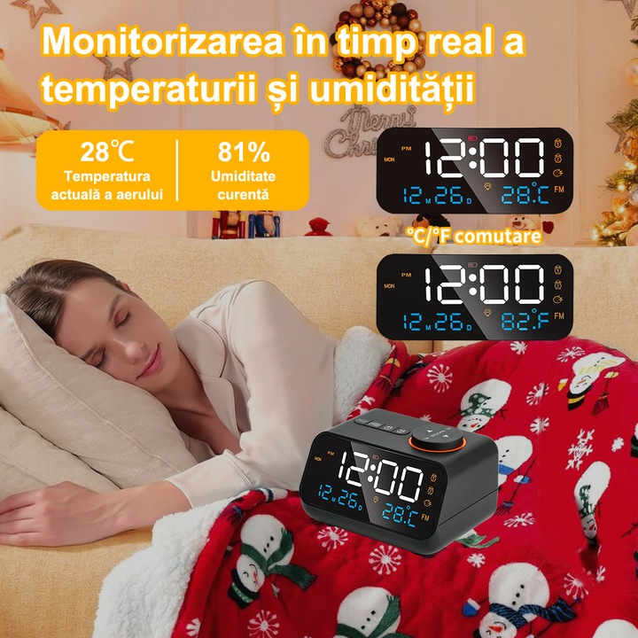 Radio cu ceas, Xinxu, Setare 12/24 ore, Afisare temperatura si ...