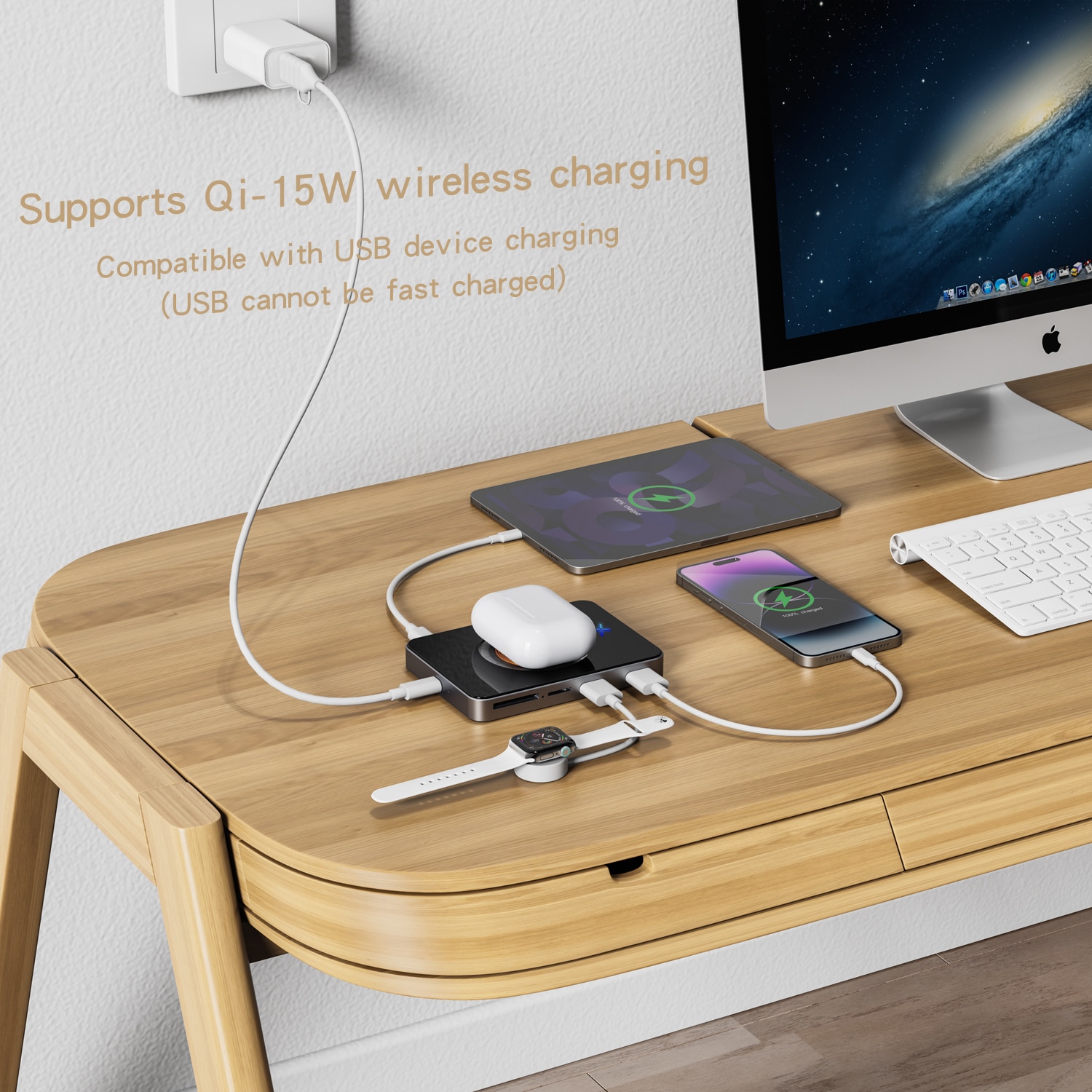 Hub USB 8 in 1, KINSI, Cu Incarcare wireless magnetica 15W, Card Reader ...