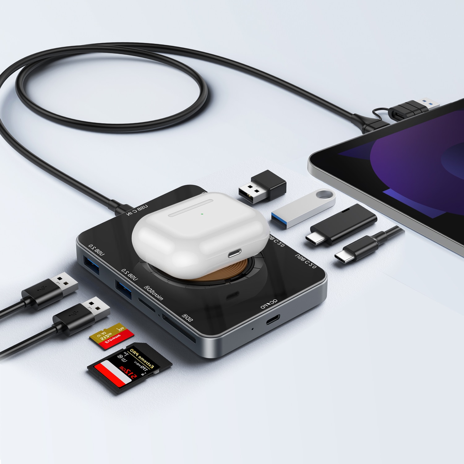 Hub USB 8 in 1, KINSI, Cu Incarcare wireless magnetica 15W, Card Reader ...