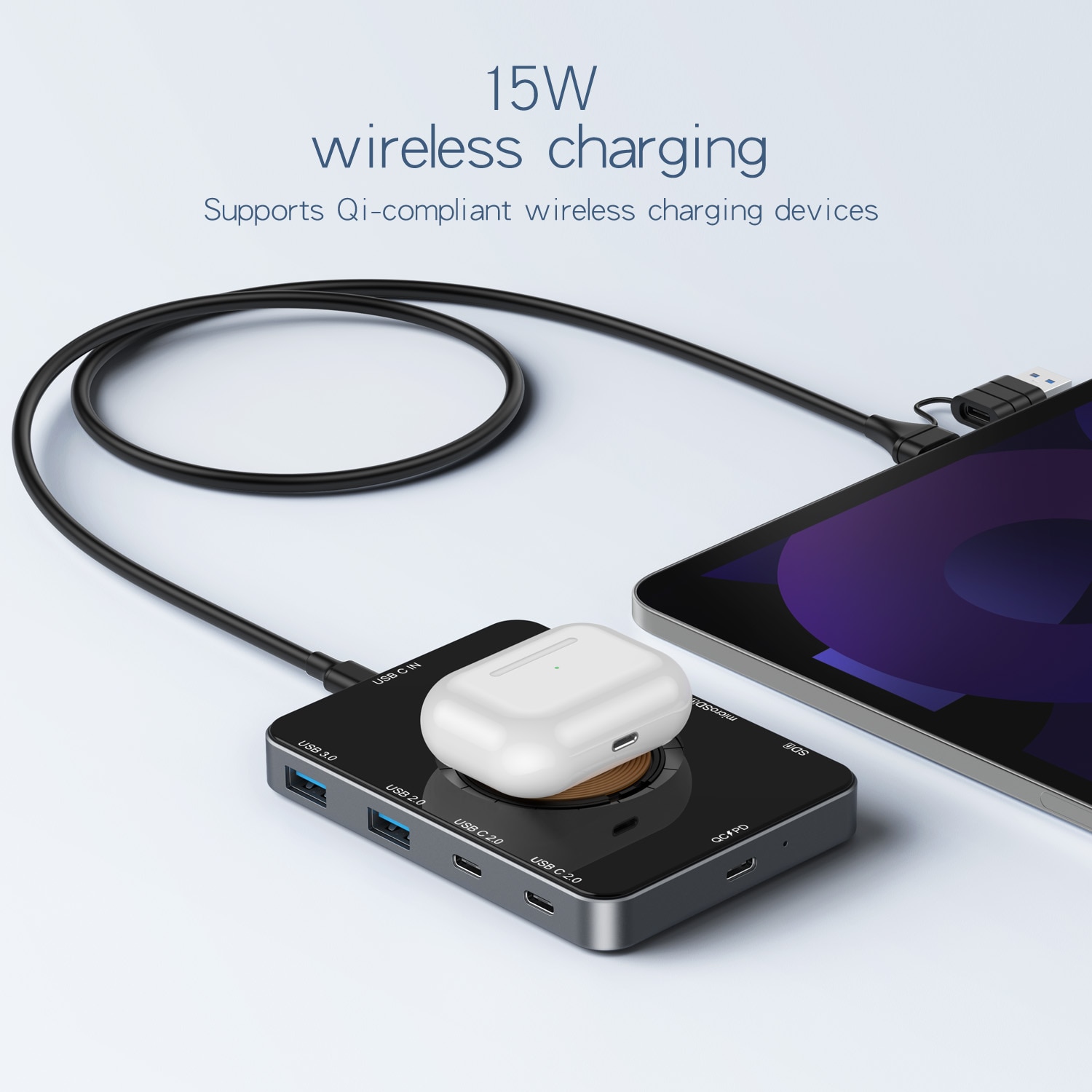 Hub USB 8 in 1, KINSI, Cu Incarcare wireless magnetica 15W, Card Reader ...
