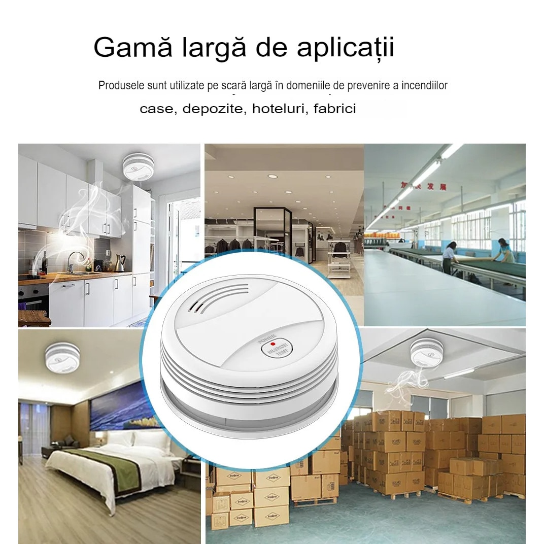 Detector Smart de fum Tuya, Wireless, Alarma puternica, Compatibil cu ...