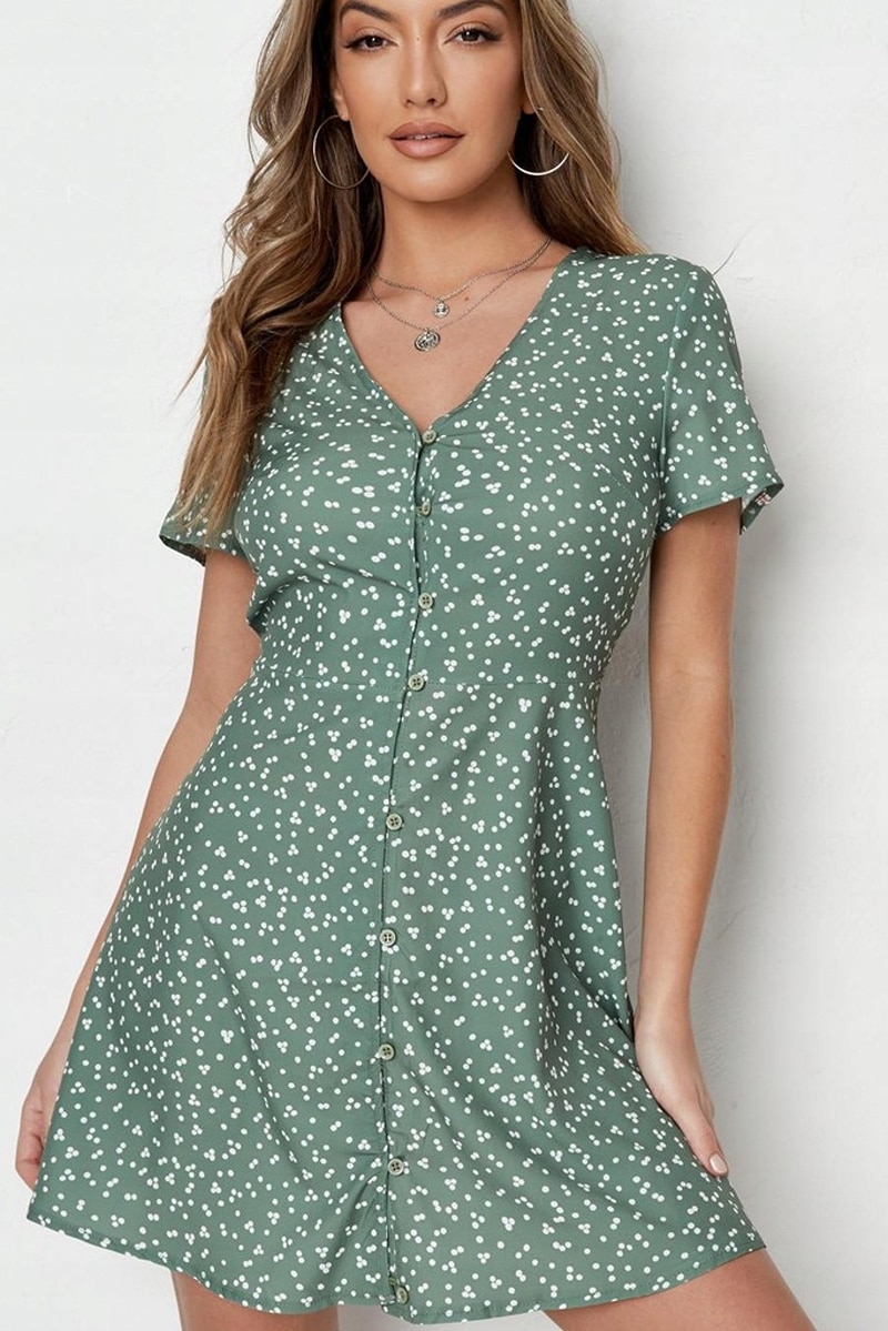 Rochie mini de primavara vara cu nasturi, maneca scurta si imprimeu cu ...