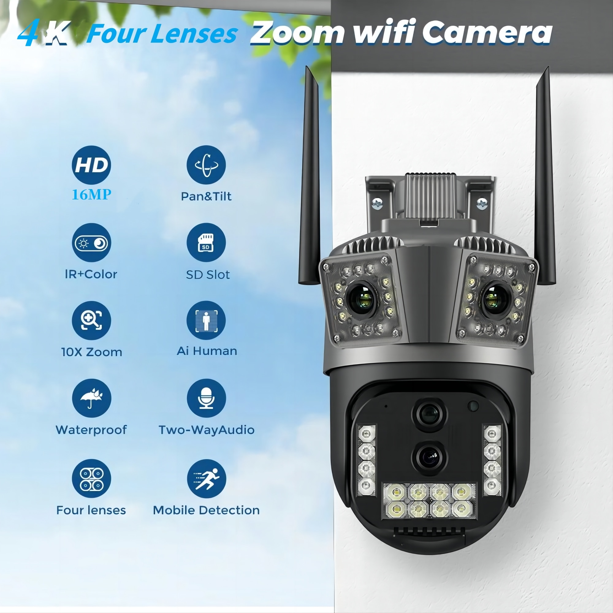 Camera de Supraveghere Cvadrupla WIFI MOSMAOO®, 16MP, Zoom Optic 10X ...