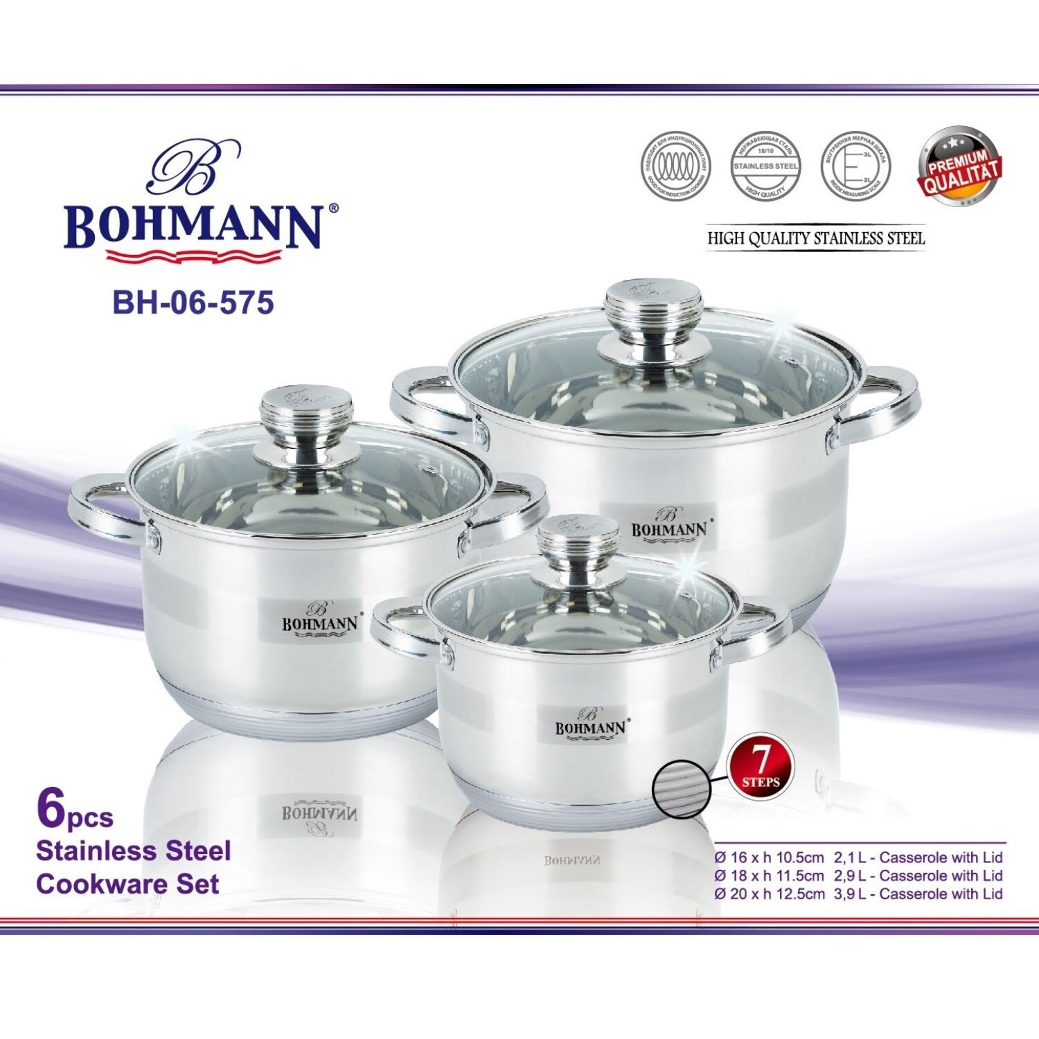 Комплект индукционни съдове Bohmann със стъклени капаци, 6 части (2.1L ...