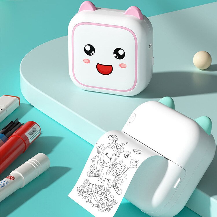 Mini imprimanta termica si 14 role hartie 57x25mm, cu stilouri colorate ...