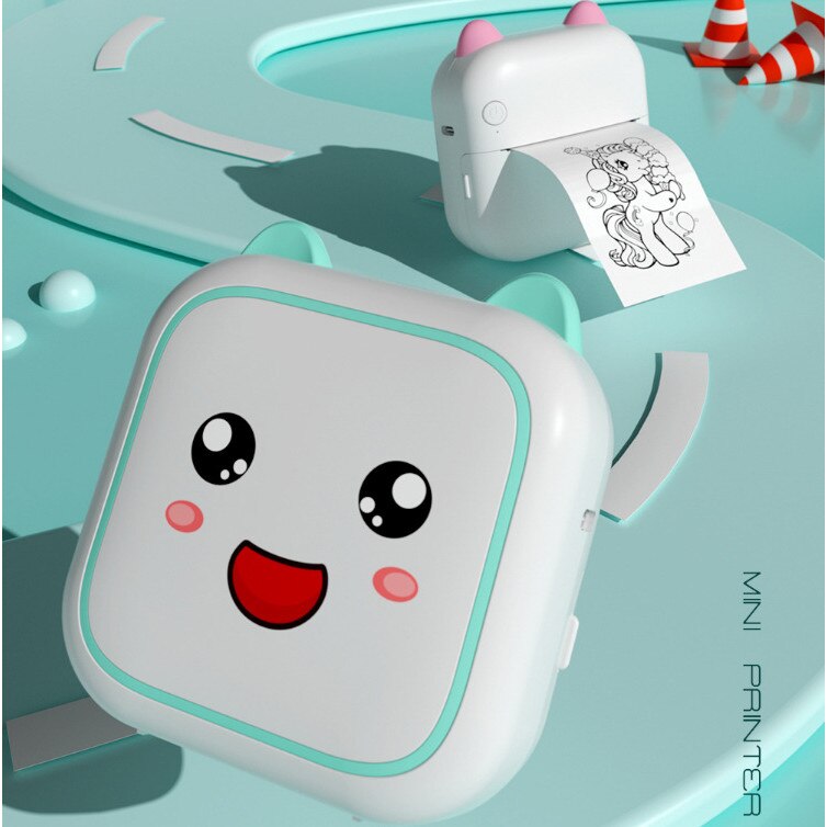 Mini imprimanta termica si 14 role hartie 57x25mm, cu stilouri colorate ...