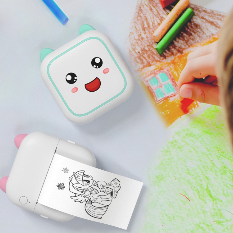 Mini imprimanta termica si 14 role hartie 57x25mm, cu stilouri colorate ...