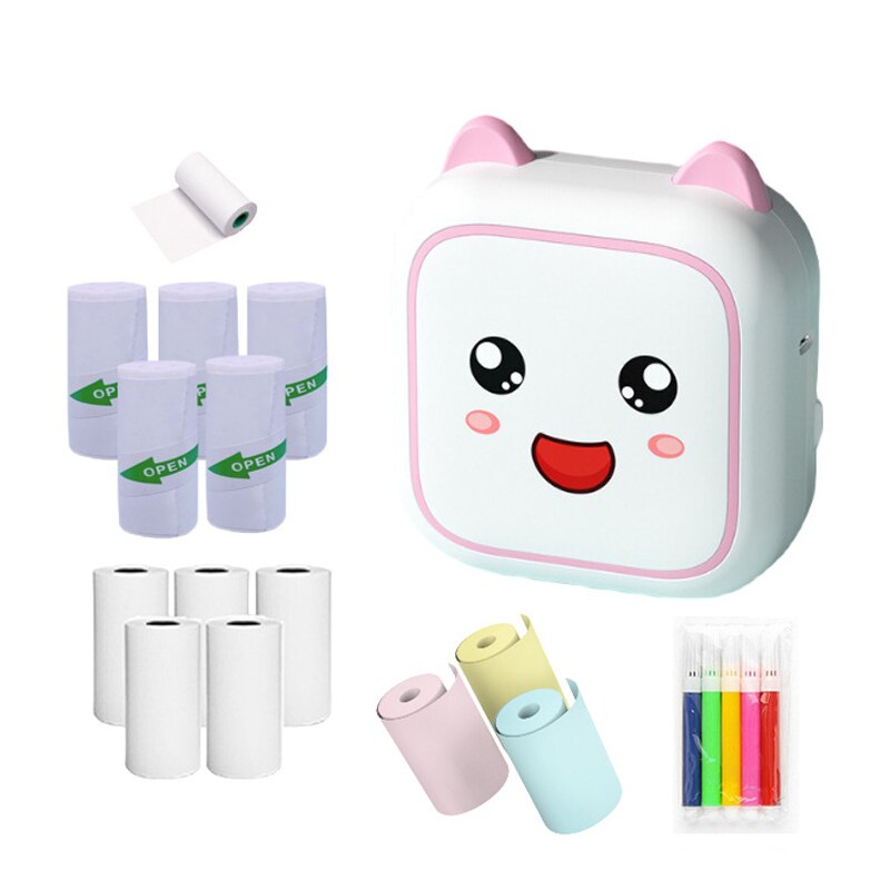 Mini imprimanta termica si 14 role hartie 57x25mm, cu stilouri colorate ...