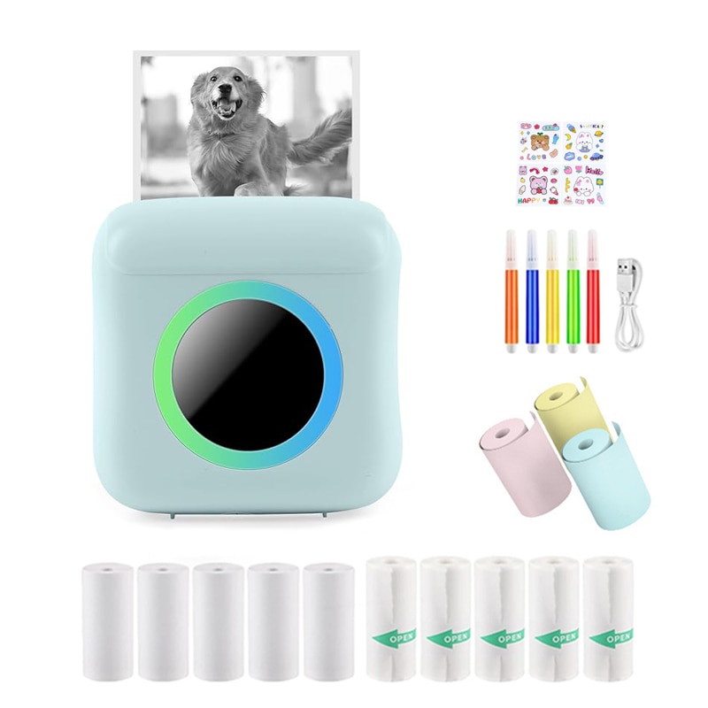 Set Mini imprimanta termica si 13 role hartie 57x25mm, cu stilouri ...