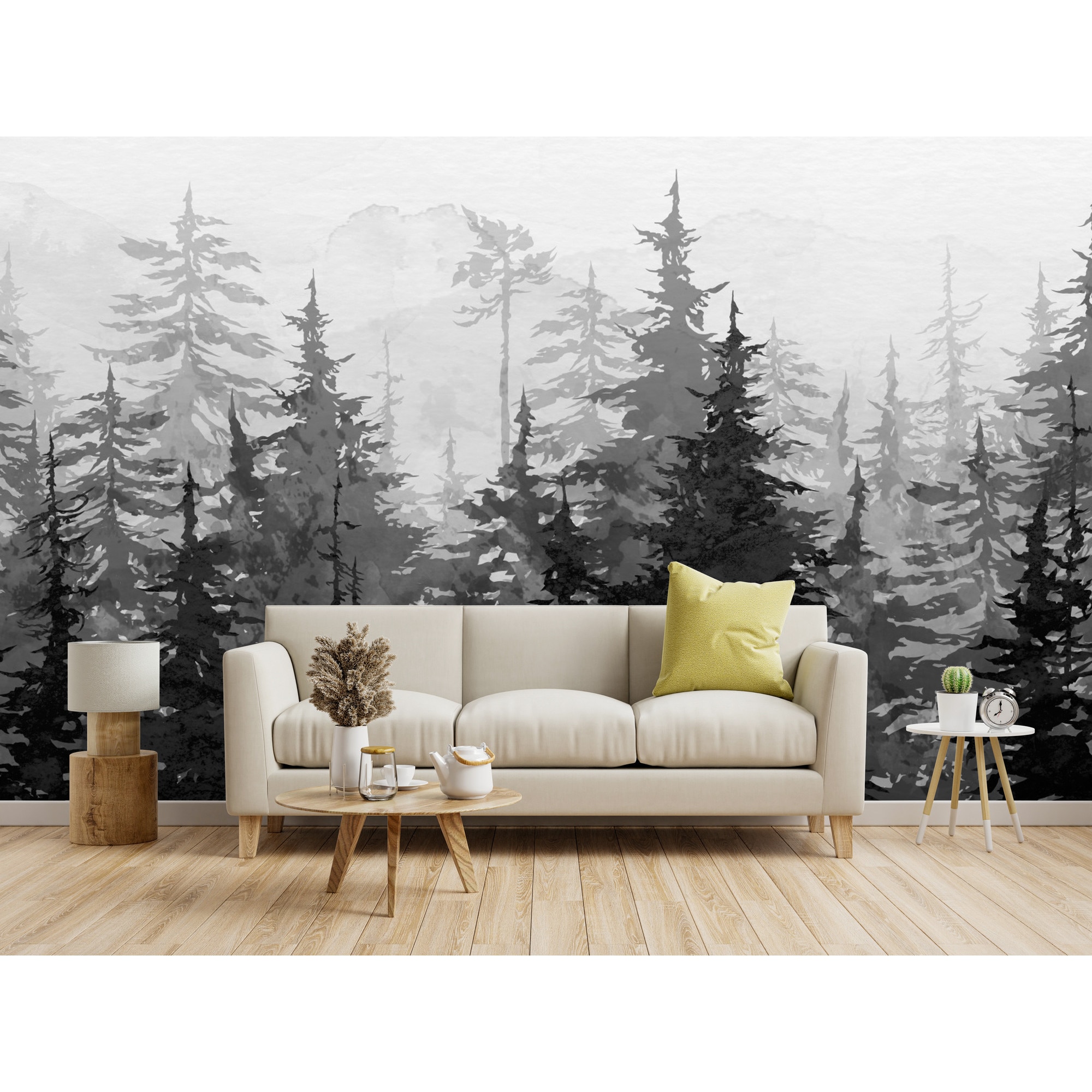 Fototapet ceata, peisaj de padure, brazi de Craciun, decoratiuni de ...