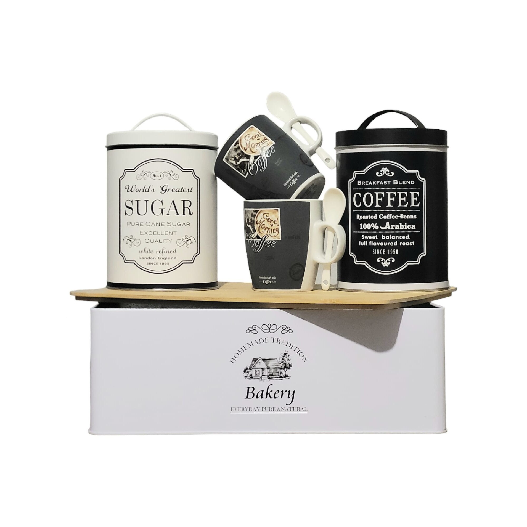 Set cutii metalice pentru zahar, cafea si alimente plus doua cesti cu ...