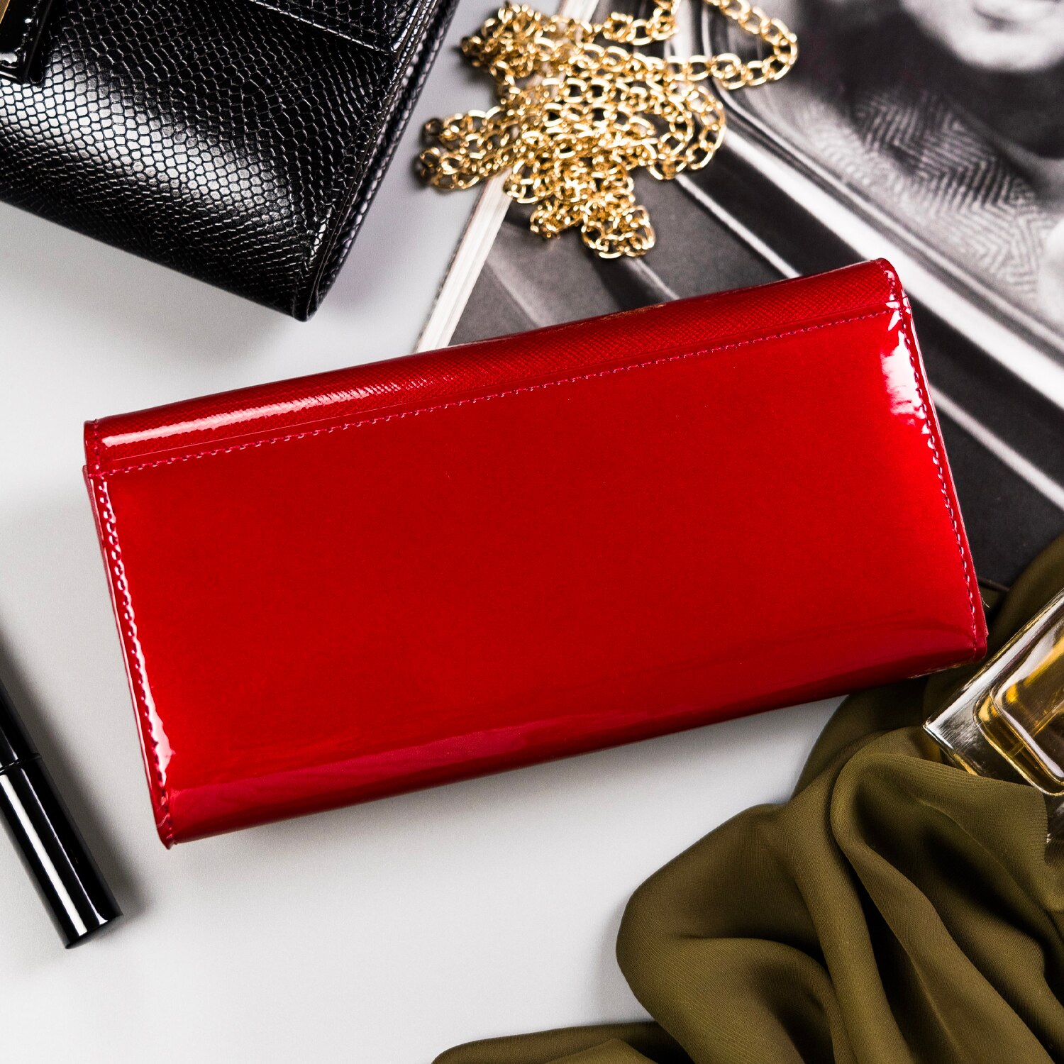 Portofel de dama din piele naturala lacuita, rosu, Rovicky, rh-24a-1 ...