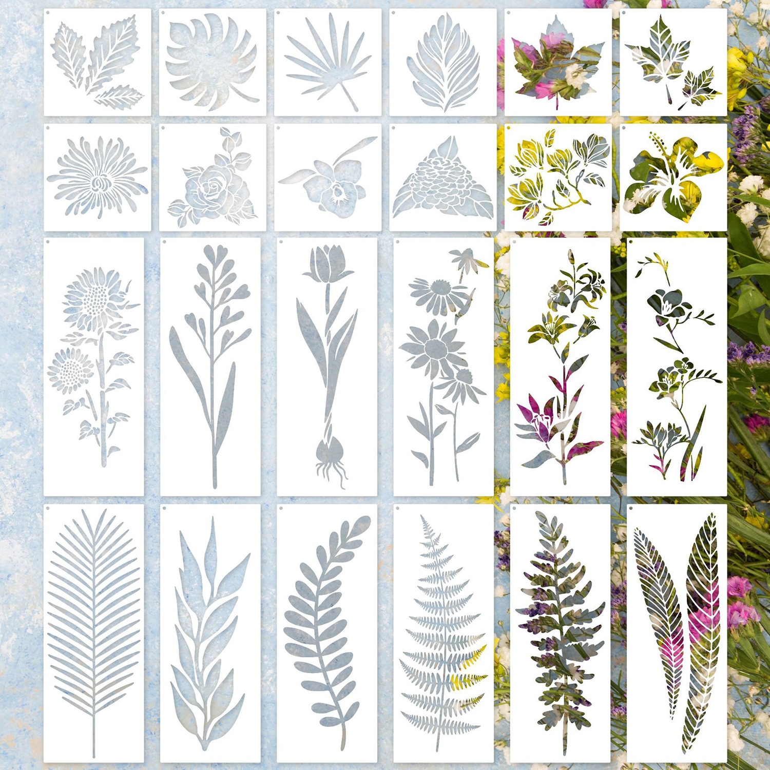 Set 24 bucati sablon de pictura cu flori si plante, BOMSTOM, PET, Alb ...