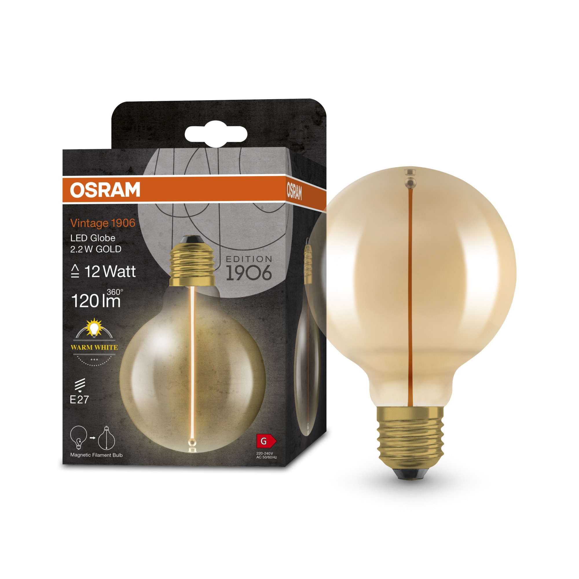 Bec LED vintage (decorativ) OSRAM 1906 Gold, G95, filament magneitc ...