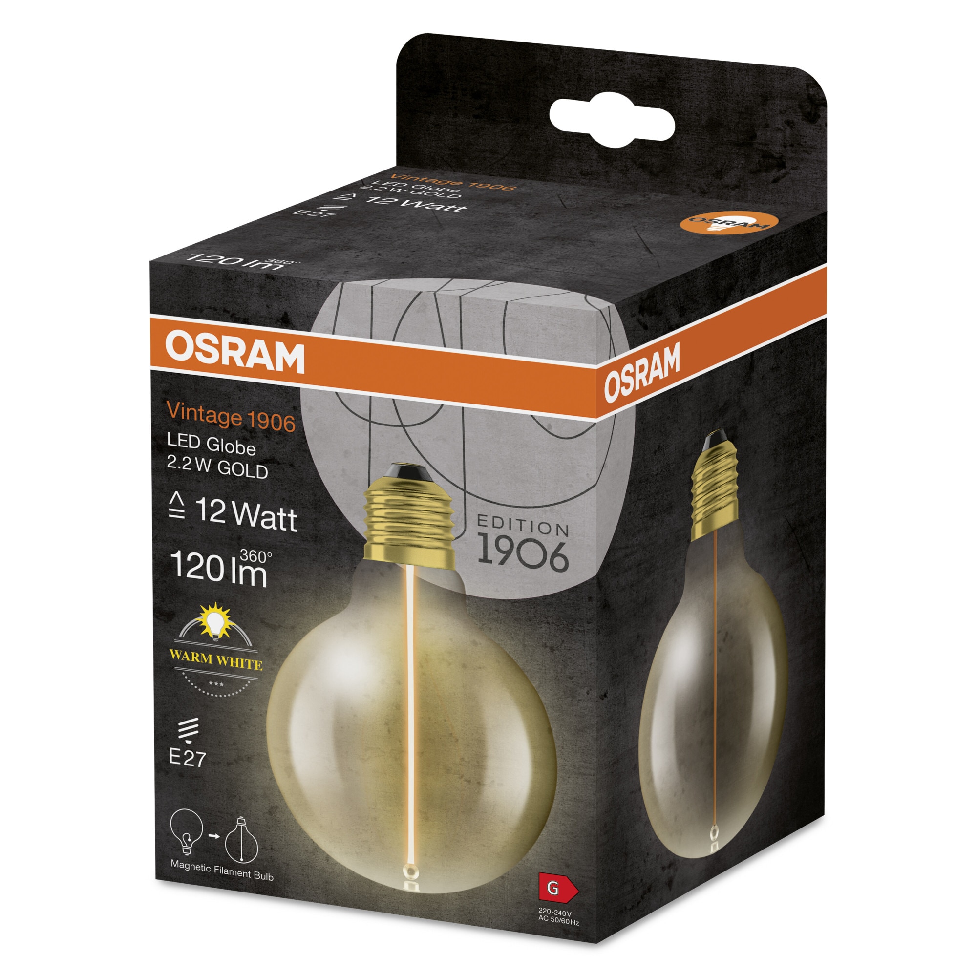 Bec LED vintage (decorativ) OSRAM 1906 Gold, G95, filament magneitc, E27, 2.2W (12W), 120 lm ...