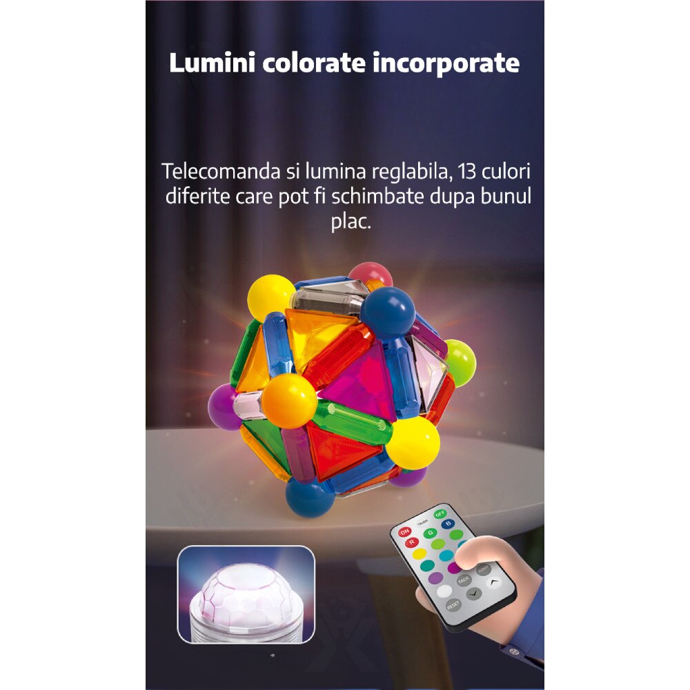 Set de constructie magnetic 3D, LiTech, 112 Piese colorate, cu lumini ...
