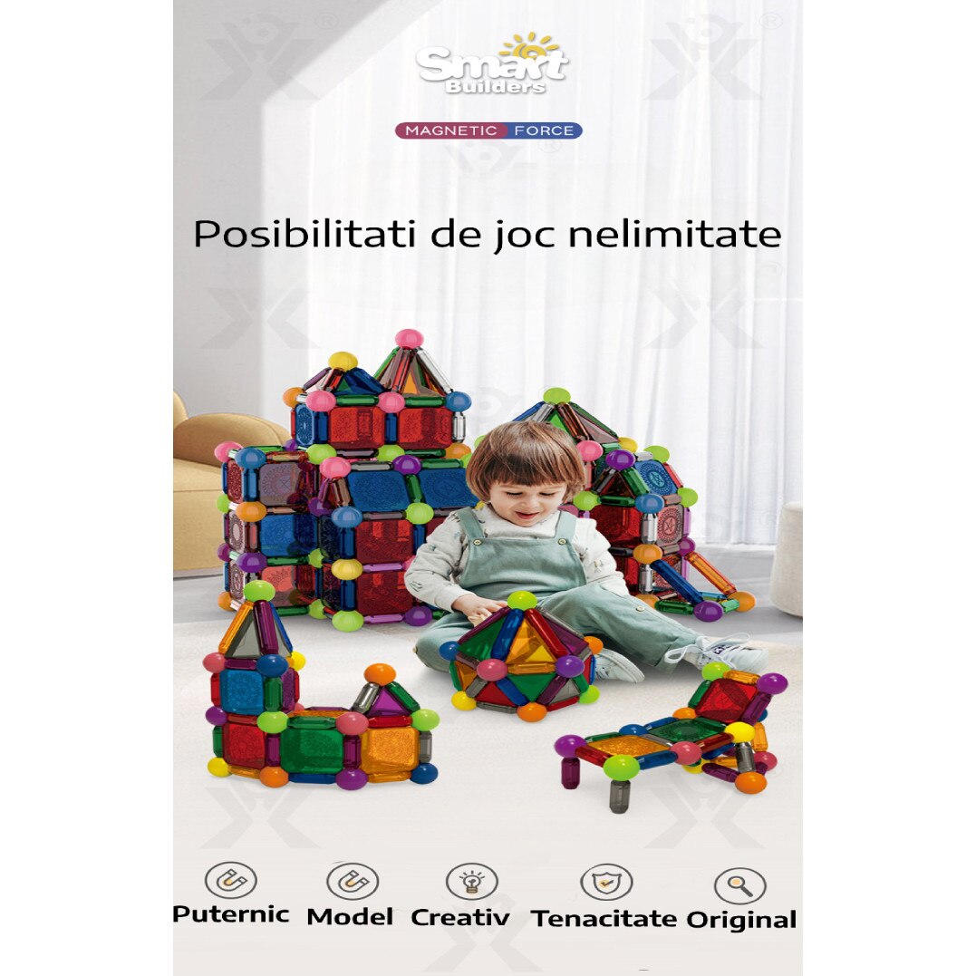 Set de constructie magnetic 3D, LiTech, 112 Piese colorate, cu lumini ...