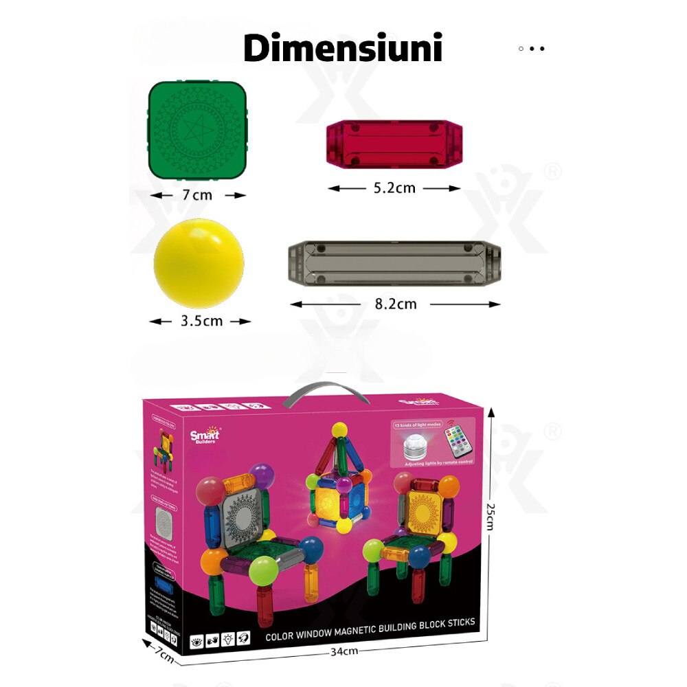 Set de constructie magnetic 3D, LiTech, 112 Piese colorate, cu lumini ...