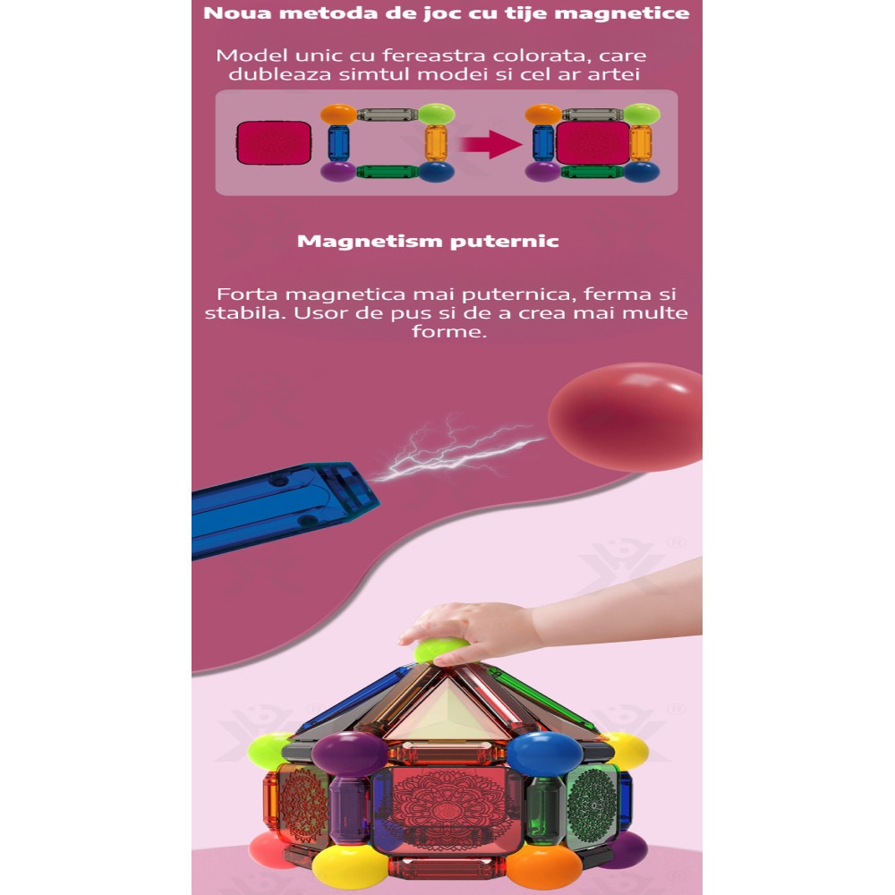 Set de constructie magnetic 3D, LiTech, 112 Piese colorate, cu lumini ...