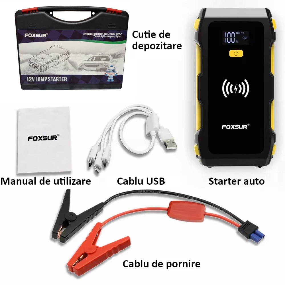 Starter auto multifunctional Foxsur, 12V, 1200A, 39800 mAh, functie ...
