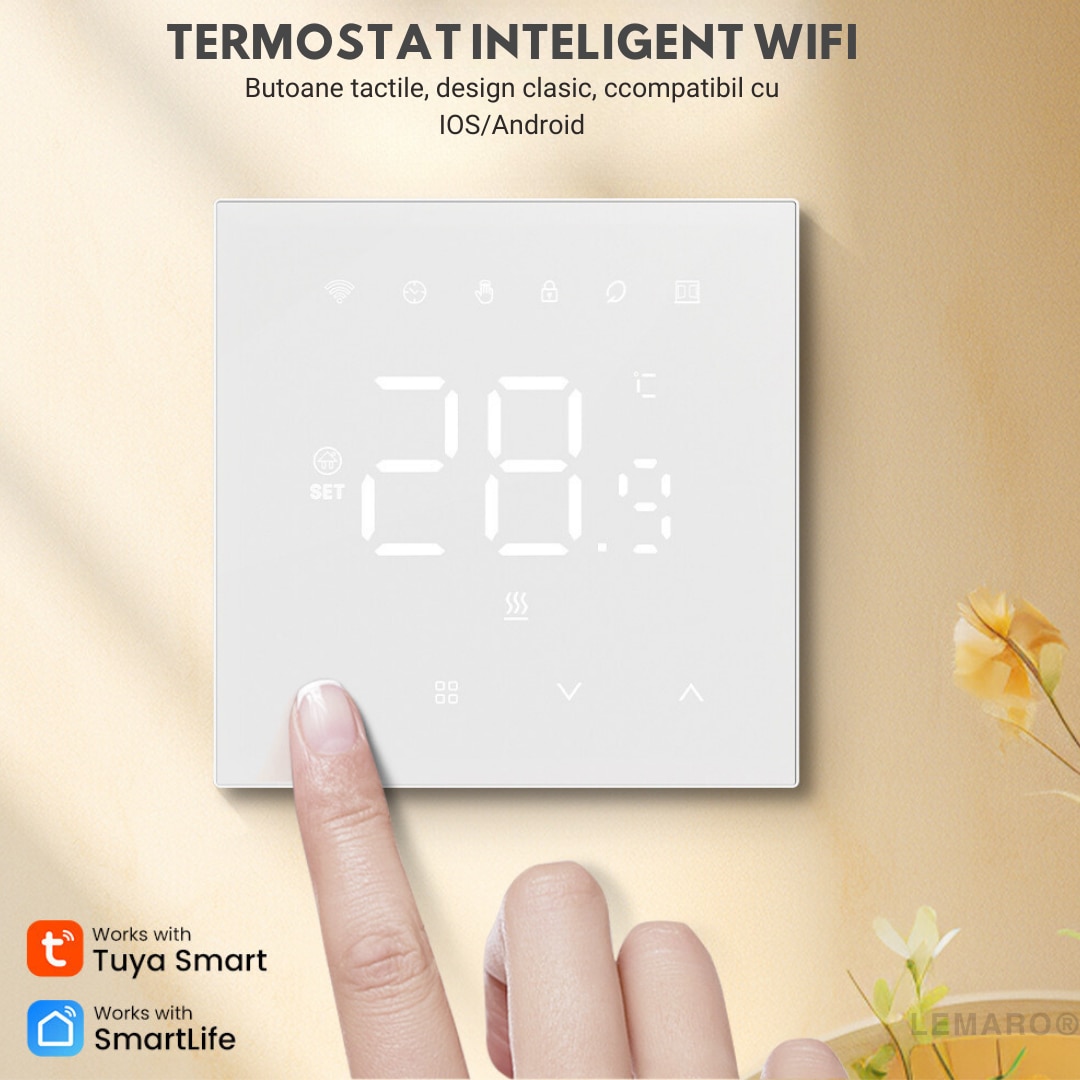 Termostat Ambiental Inteligent Lemaro®, WI-FI, Controlat Prin Internet/Smartphone, Afisaj LCD ...