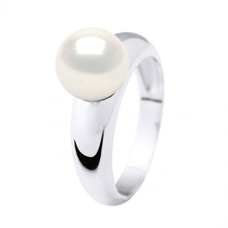 Inel din aur alb, cu perla alba de cultura, calitate AAA+, 9-10 mm ...