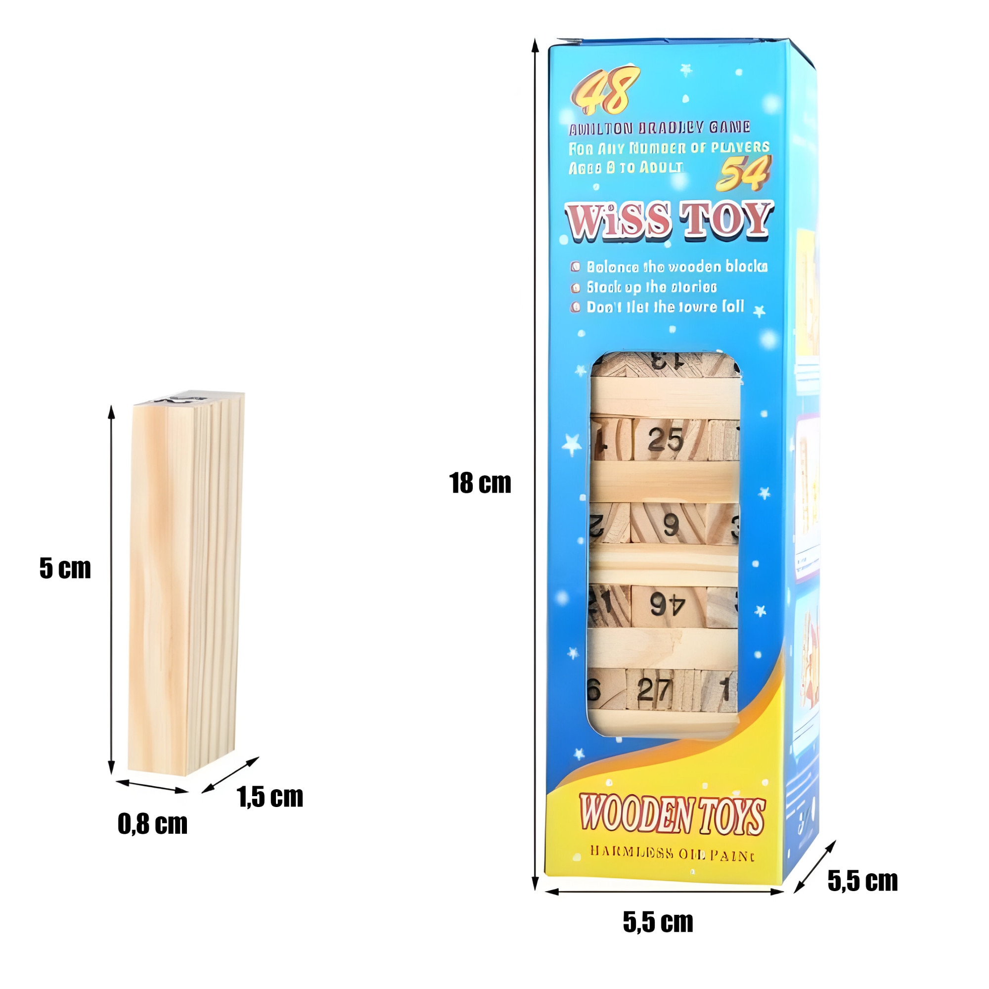 Joc Educativ Mini Turnul Jenga, 54 Blocuri si 4 Zaruri din Lemn, 18x5 ...