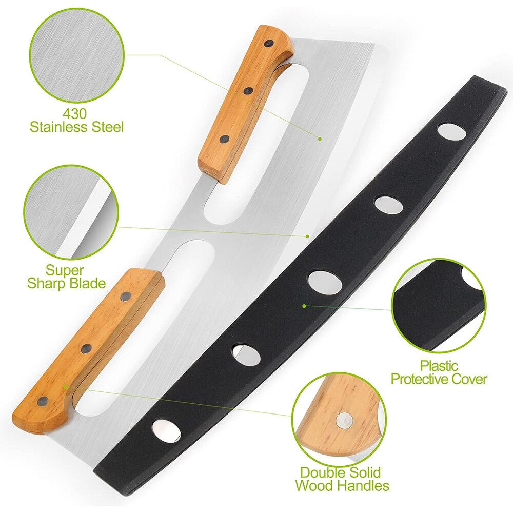 Cutit din inox pentru pizza, Ronyes®, 2 manere lemn, cu protectie lama ...